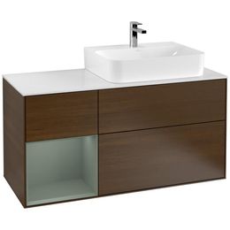 Villeroy & Boch Villeroy und Boch Finion Waschtischunterschrank F141GMGN 120cm, Abdeckplatte glass white Matt, Regal links Olive Matt Lacquer, Walnut veneer