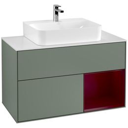 Villeroy & Boch Villeroy und Boch Finion Waschtischunterschrank G121HBGM 100cm, Abdeckplatte white matt, Emotion, Regal rechts Peony, Olive Matt Lacquer