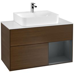 Villeroy & Boch Villeroy und Boch Finion Waschtischunterschrank G121HGGN 100cm, Abdeckplatte white matt, Emotion, Regal rechts Midnight Blue Matt Lacquer, Walnut veneer