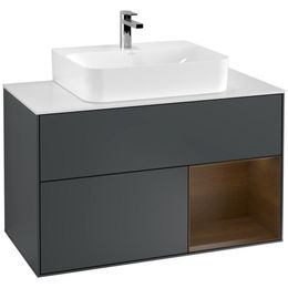 Villeroy & Boch Villeroy und Boch Finion Waschtischunterschrank G121GNHG 100cm, Abdeckplatte white matt, Emotion, Regal rechts Walnut veneer, Midnight Blue Matt Lacquer