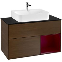Villeroy & Boch Villeroy und Boch Finion Waschtischunterschrank G122HBGN 100cm, Abdeckplatte black matt, Emotion, Regal rechts Peony, Walnut veneer