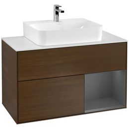Villeroy & Boch Villeroy und Boch Finion Waschtischunterschrank F121GKGN 100cm, Abdeckplatte wei&szlig; matt, Regal rechts Anthracite matt, Walnut veneer