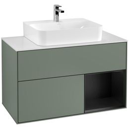 Villeroy & Boch Villeroy und Boch Finion Waschtischunterschrank F121PDGM 100cm, Abdeckplatte wei&szlig; matt, Regal rechts Black matt lacquer, Olive Matt Lacquer