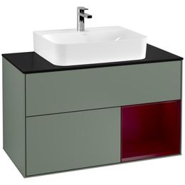 Villeroy & Boch Villeroy und Boch Finion Waschtischunterschrank F122HBGM 100cm, Abdeckplatte black matt, Regal rechts Peony, Olive Matt Lacquer
