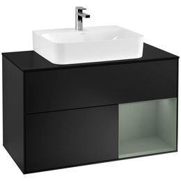 Villeroy & Boch Villeroy und Boch Finion Waschtischunterschrank F122GMPD 100cm, Abdeckplatte black matt, Regal rechts Olive Matt Lacquer, Black matt lacquer