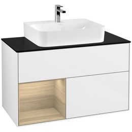 Villeroy & Boch Villeroy und Boch Finion Waschtischunterschrank G112PCGF 100cm, Abdeckplatte black matt, Emotion, Regal links Oak Veneer, Glossy white lacquer