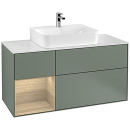 Villeroy & Boch Villeroy und Boch Finion Waschtischunterschrank G161PCGM 120cm, Abdeckplatte white matt, Emotion, Regal links Oak Veneer, Olive Matt Lacquer