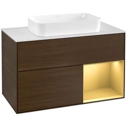 Villeroy & Boch Villeroy und Boch Finion Waschtischunterschrank F251HFGN 100x60,3cm, Abdeckplatte white matt, Regal rechts Gold matt, Walnut veneer