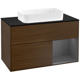 Villeroy & Boch Villeroy und Boch Finion Waschtischunterschrank F252GKGN 100x60,3cm, Abdeckplatte black matt, Regal rechts Anthracite matt, Walnut veneer