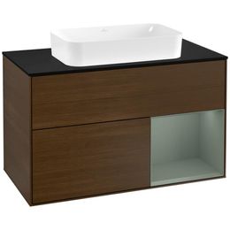 Villeroy & Boch Villeroy und Boch Finion Waschtischunterschrank G252GMGN 100cm, Abdeckplatte black matt, Emotion, Regal rechts Olive Matt Lacquer, Walnut veneer