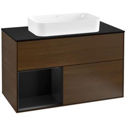 Villeroy & Boch Villeroy und Boch Finion Waschtischunterschrank G242PDGN 100cm, Abdeckplatte black matt, Emotion, Regal links Black matt lacquer, Walnut veneer