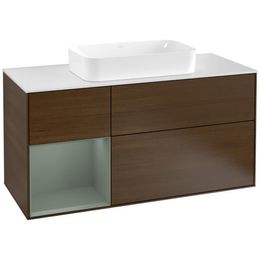Villeroy & Boch Villeroy und Boch Finion Waschtischunterschrank F291GMGN 120cm, Abdeckplatte white matt, Regal links Olive Matt Lacquer, Walnut veneer