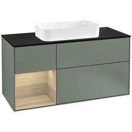 Villeroy & Boch Villeroy und Boch Finion Waschtischunterschrank F292PCGM 120cm, Abdeckplatte black matt, Regal links Oak Veneer, Olive Matt Lacquer