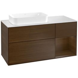 Villeroy & Boch Villeroy und Boch Finion Waschtischunterschrank F281GNGN 120cm, Abdeckplatte white matt, Regal rechts Walnut veneer, Walnut veneer