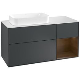 Villeroy & Boch Villeroy und Boch Finion Waschtischunterschrank F281GNHG 120cm, Abdeckplatte white matt, Regal rechts Walnut veneer, Midnight Blue Matt Lacquer