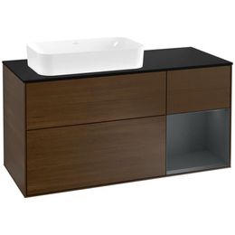 Villeroy & Boch Villeroy und Boch Finion Waschtischunterschrank F282HGGN 120cm, Abdeckplatte black matt, Regal rechts Midnight Blue Matt Lacquer, Walnut veneer