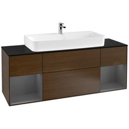 Villeroy & Boch Villeroy und Boch Finion Waschtischunterschrank G212GKGN 160cm, Abdeckplatte black matt, Emotion, Regale Anthracite matt lacquer, Walnut veneer