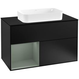 Villeroy & Boch Villeroy und Boch Finion Waschtischunterschrank F242GMPD 100x60,3cm, Abdeckplatte black matt, Regal links Olive Matt Lacquer, Black matt lacquer