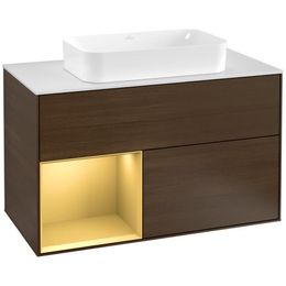 Villeroy & Boch Villeroy und Boch Finion Waschtischunterschrank G241HFGN 100cm, Abdeckplatte white matt, Emotion, Regal links Gold matt, Walnut veneer