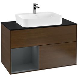 Villeroy & Boch Villeroy und Boch Finion Waschtischunterschrank F362HGGN 100cm, Abdeckplatte black matt, Regal links Midnight Blue Matt Lacquer, Walnut veneer