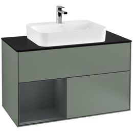 Villeroy & Boch Villeroy und Boch Finion Waschtischunterschrank F362HGGM 100cm, Abdeckplatte black matt, Regal links Midnight Blue Matt Lacquer, Olive Matt Lacquer