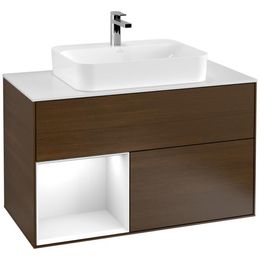 Villeroy & Boch Villeroy und Boch Finion Waschtischunterschrank F361GFGN 100cm, Abdeckplatte white matt, Regal links Glossy white lacquer, Walnut veneer