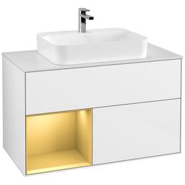 Villeroy & Boch Villeroy und Boch Finion Waschtischunterschrank F361HFGF 100cm, Abdeckplatte white matt, Regal links Gold matt, Glossy white lacquer