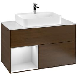 Villeroy & Boch Villeroy und Boch Finion Waschtischunterschrank F361MTGN 100cm, Abdeckplatte white matt, Regal links White matt lacquer, Walnut veneer