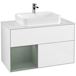 Villeroy & Boch Villeroy und Boch Finion Waschtischunterschrank F361GMGF 100cm, Abdeckplatte white matt, Regal links Olive Matt Lacquer, Glossy white lacquer