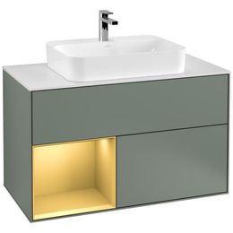Villeroy & Boch Villeroy und Boch Finion Waschtischunterschrank F361HFGM 100cm, Abdeckplatte white matt, Regal links Gold matt, Olive Matt Lacquer