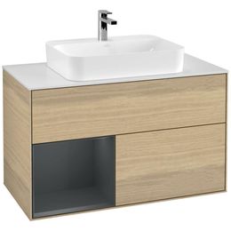 Villeroy & Boch Villeroy und Boch Finion Waschtischunterschrank F361HGPC 100cm, Abdeckplatte white matt, Regal links Midnight Blue Matt Lacquer, Oak Veneer
