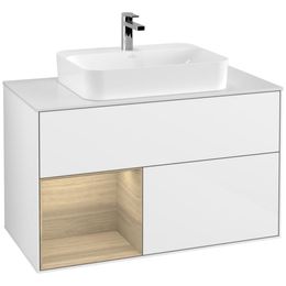 Villeroy & Boch Villeroy und Boch Finion Waschtischunterschrank F361PCGF 100cm, Abdeckplatte white matt, Regal links Oak Veneer, Glossy white lacquer