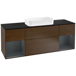 Villeroy & Boch Villeroy und Boch Finion Waschtischunterschrank F332HGGN 160x60,3cm, Abdeckplatte black matt, Regale Midnight matt lacquer, Walnut veneer