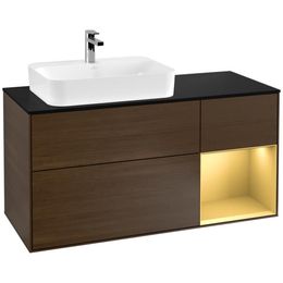 Villeroy & Boch Villeroy und Boch Finion Waschtischunterschrank F402HFGN 120cm, Abdeckplatte black matt, Regal rechts Gold matt, Walnut veneer