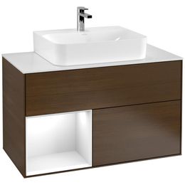 Villeroy & Boch Villeroy und Boch Finion Waschtischunterschrank F111GFGN 100cm, Abdeckplatte black matt, Regal links Glossy white lacquer, Walnut veneer