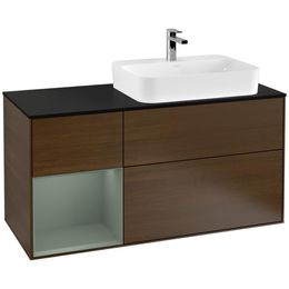 Villeroy & Boch Villeroy und Boch Finion Waschtischunterschrank F392GMGN 120cm, Abdeckplatte black matt, Regal links Olive Matt Lacquer, Walnut veneer