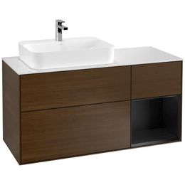 Villeroy & Boch Villeroy und Boch Finion Waschtischunterschrank F401PDGN 120cm, Abdeckplatte white matt, Regal rechts Black matt lacquer, Walnut veneer
