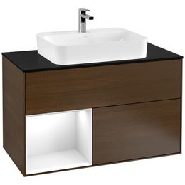 Villeroy & Boch Villeroy und Boch Finion Waschtischunterschrank G362GFGN 100cm, Abdeckplatte black matt, Emotion, Regal links Glossy white lacquer, Walnut veneer