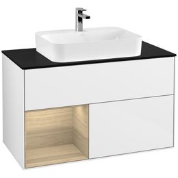Villeroy & Boch Villeroy und Boch Finion Waschtischunterschrank G362PCGF 100cm, Abdeckplatte black matt, Emotion, Regal links Oak Veneer, Glossy white lacquer