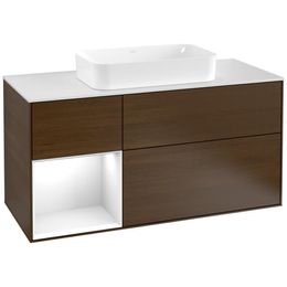 Villeroy & Boch Villeroy und Boch Finion Waschtischunterschrank G291GFGN 120cm, Abdeckplatte white matt, Emotion, Regal links Glossy white lacquer, Walnut veneer