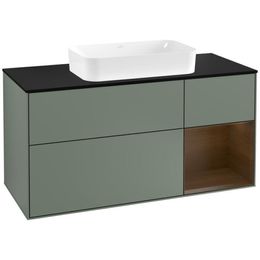 Villeroy & Boch Villeroy und Boch Finion Waschtischunterschrank F302GNGM 120cm, Abdeckplatte black matt, Regal rechts Walnut veneer, Olive Matt Lacquer