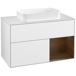 Villeroy & Boch Villeroy und Boch Finion Waschtischunterschrank F251GNGF 100x60,3cm, Abdeckplatte white matt, Regal rechts Walnut veneer, Glossy white lacquer