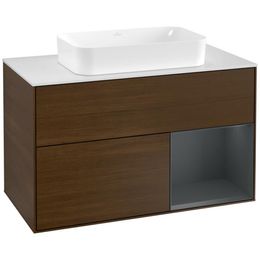 Villeroy & Boch Villeroy und Boch Finion Waschtischunterschrank F251HGGN 100x60,3cm, Abdeckplatte white matt, Regal rechts Midnight Blue Matt Lacquer, Walnut veneer