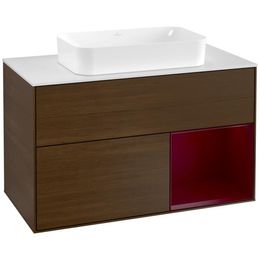 Villeroy & Boch Villeroy und Boch Finion Waschtischunterschrank F251HBGN 100x60,3cm, Abdeckplatte white matt, Regal rechts Peony, Walnut veneer