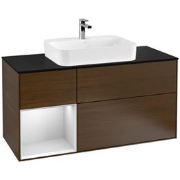 Villeroy & Boch Villeroy und Boch Finion Waschtischunterschrank F412MTGN 120cm, Abdeckplatte black matt, Regal links White matt lacquer, Walnut veneer