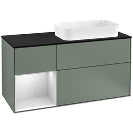 Villeroy & Boch Villeroy und Boch Finion Waschtischunterschrank F272MTGM 120cm, Abdeckplatte black matt, Regal links White matt lacquer, Olive Matt Lacquer