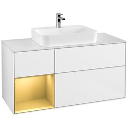 Villeroy & Boch Villeroy und Boch Finion Waschtischunterschrank G411HFGF 120cm, Abdeckplatte white matt, Emotion, Regal links Gold matt, Glossy white lacquer