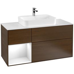 Villeroy & Boch Villeroy und Boch Finion Waschtischunterschrank G411GFGN 120cm, Abdeckplatte white matt, Emotion, Regal links Glossy white lacquer, Walnut veneer