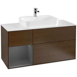 Villeroy & Boch Villeroy und Boch Finion Waschtischunterschrank F411GKGN 120cm, Abdeckplatte white matt, Regal links Anthracite matt, Walnut veneer