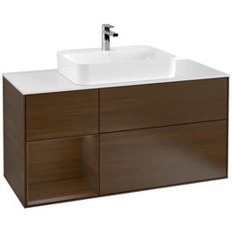 Villeroy & Boch Villeroy und Boch Finion Waschtischunterschrank F411GNGN 120cm, Abdeckplatte white matt, Regal links Walnut veneer, Walnut veneer